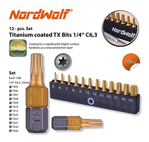 NordWolf 12-Piece Torx Bit Set, Titanium Nitride Coated 6 Point Screwdriver Star Bits Made From S2 Alloy Steel, Sizes T5 to T40