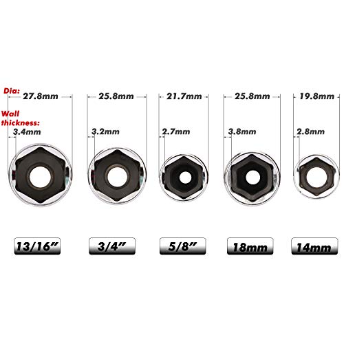 CASOMAN 3/8-Inch Drive Spark Plug Socket Set, 6-Point, 5/8-Inch, 3/4-Inch, 13/16-Inch, 14mm, 18mm, 5-Piece Set