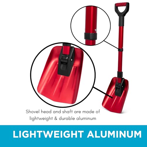 BIRDROCK HOME 34" Folding Emergency Snow Shovel for Car | Small & Compact | Tool for Snow Camping, Skiing, Snowmobiles, Avalanche Survival | Lightweight Aluminum & ABS Plastic | Red