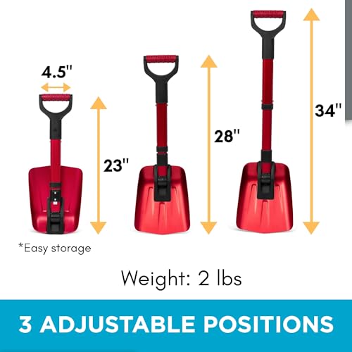 BIRDROCK HOME 34" Folding Emergency Snow Shovel for Car | Small & Compact | Tool for Snow Camping, Skiing, Snowmobiles, Avalanche Survival | Lightweight Aluminum & ABS Plastic | Red