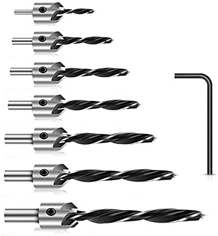 Werkzeug Countersink drill bit Set, Wood Drill Bit Set with One Hex-Key, High Carbon Steel Smart Drill Bit for Woodworking Adjustable Carpentry Reamer Plated (7 PCS)