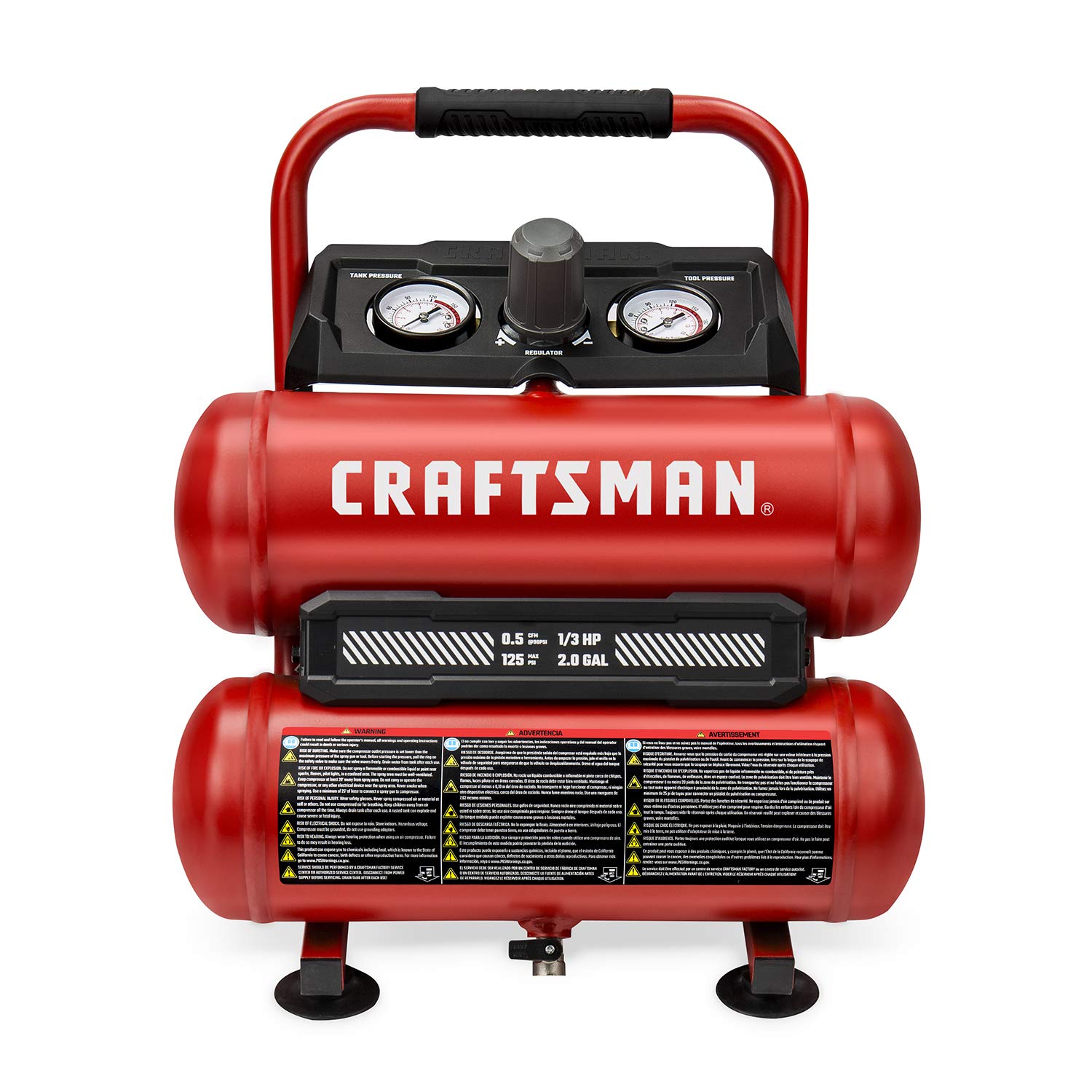 CRAFTSMAN Air Compressor Portable Air Tool Twin Tank 2Gallon, 1/3 HP Oil-Free Max 125 PSI Pressure, Model: CMXECXA0220242, Red