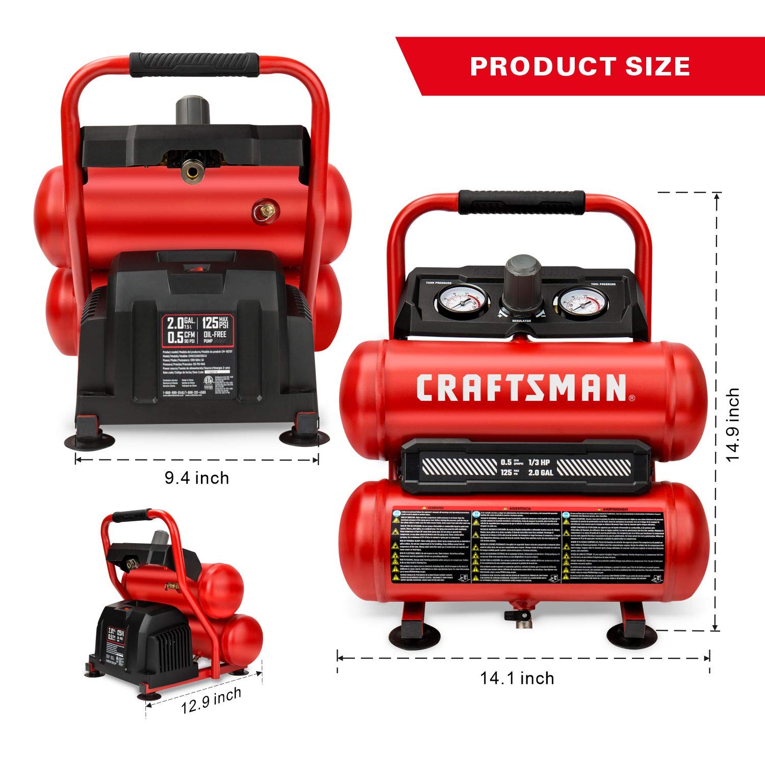 CRAFTSMAN Air Compressor Portable Air Tool Twin Tank 2Gallon, 1/3 HP Oil-Free Max 125 PSI Pressure, Model: CMXECXA0220242, Red