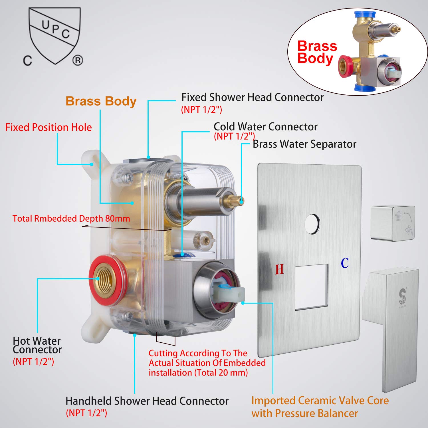 SR SUN RISE 12 Inch Square Shower System, Rain Shower Head and Slide Bar Handheld Shower Faucet Wall Mounted Combo Set Included Valve and Trim Kit for Bathroom, Brushed Nickel