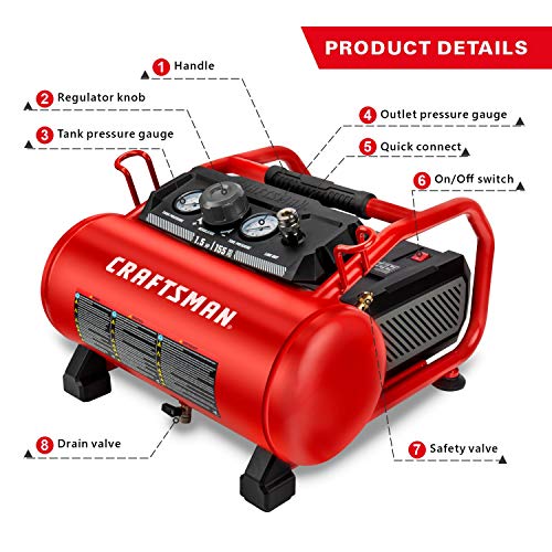 Craftsman Air Compressor, 3 Gallon 1.5 HP Max 155 Psi Pressure Oil-Free Portable, Red- CMXECXA0200341