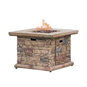 cosiest outdoor propane fire pit table w faux brown ledgestone 32-inch square fire table, 50,000 btu stainless steel burner, free lava rocks, fits 20lb tank inside