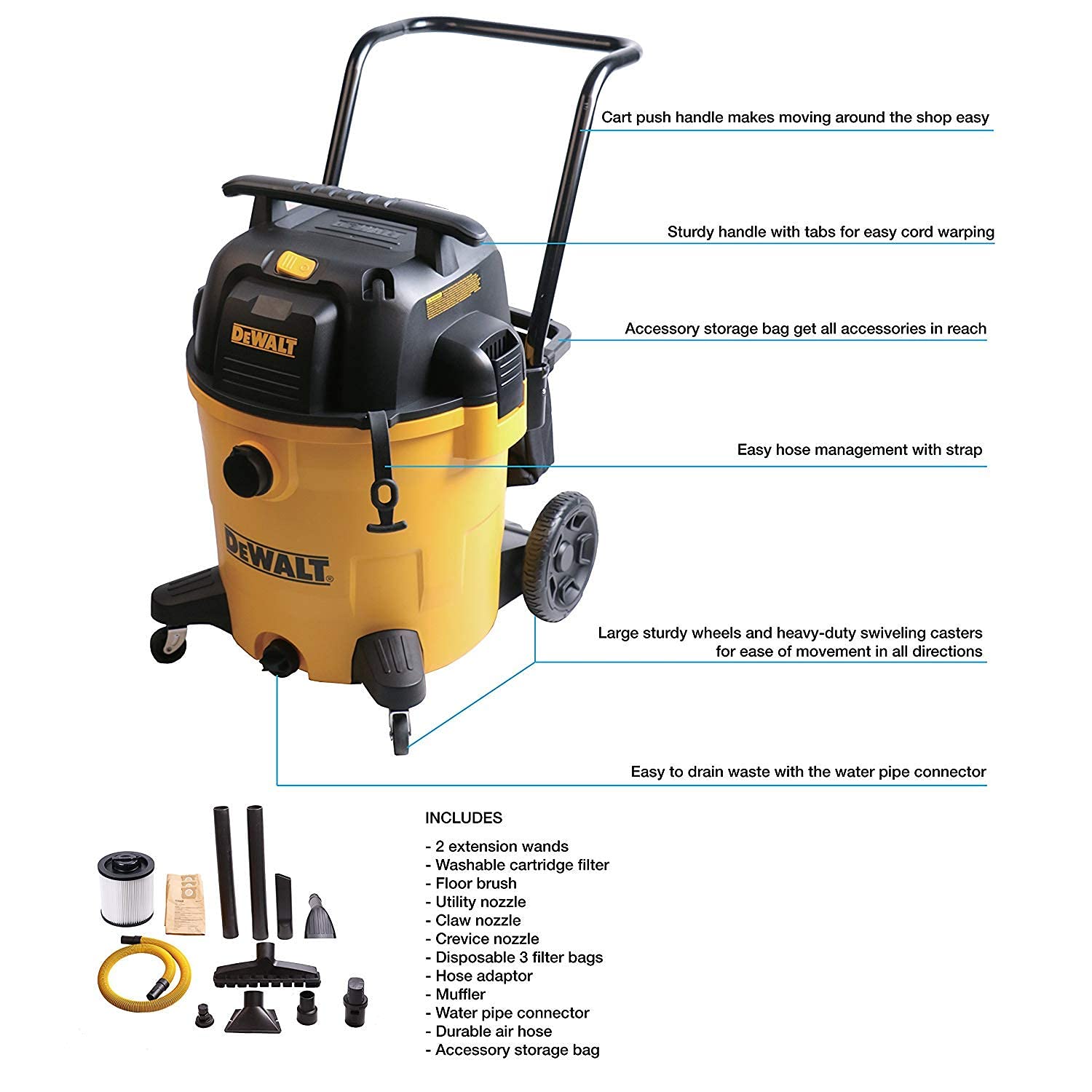 DEWALT 16 Gallon Poly Wet Dry Vacuum, 6.5 Peak HP 12 Amps Heavy Duty Vacuums, Cart Style Wet/Dry/Blower 3 in 1 Multifunction Shop Vacuum, Built-in Drain, DXV16PA