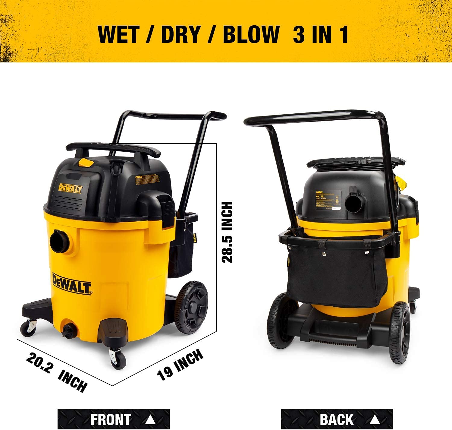 DEWALT 16 Gallon Poly Wet Dry Vacuum, 6.5 Peak HP 12 Amps Heavy Duty Vacuums, Cart Style Wet/Dry/Blower 3 in 1 Multifunction Shop Vacuum, Built-in Drain, DXV16PA