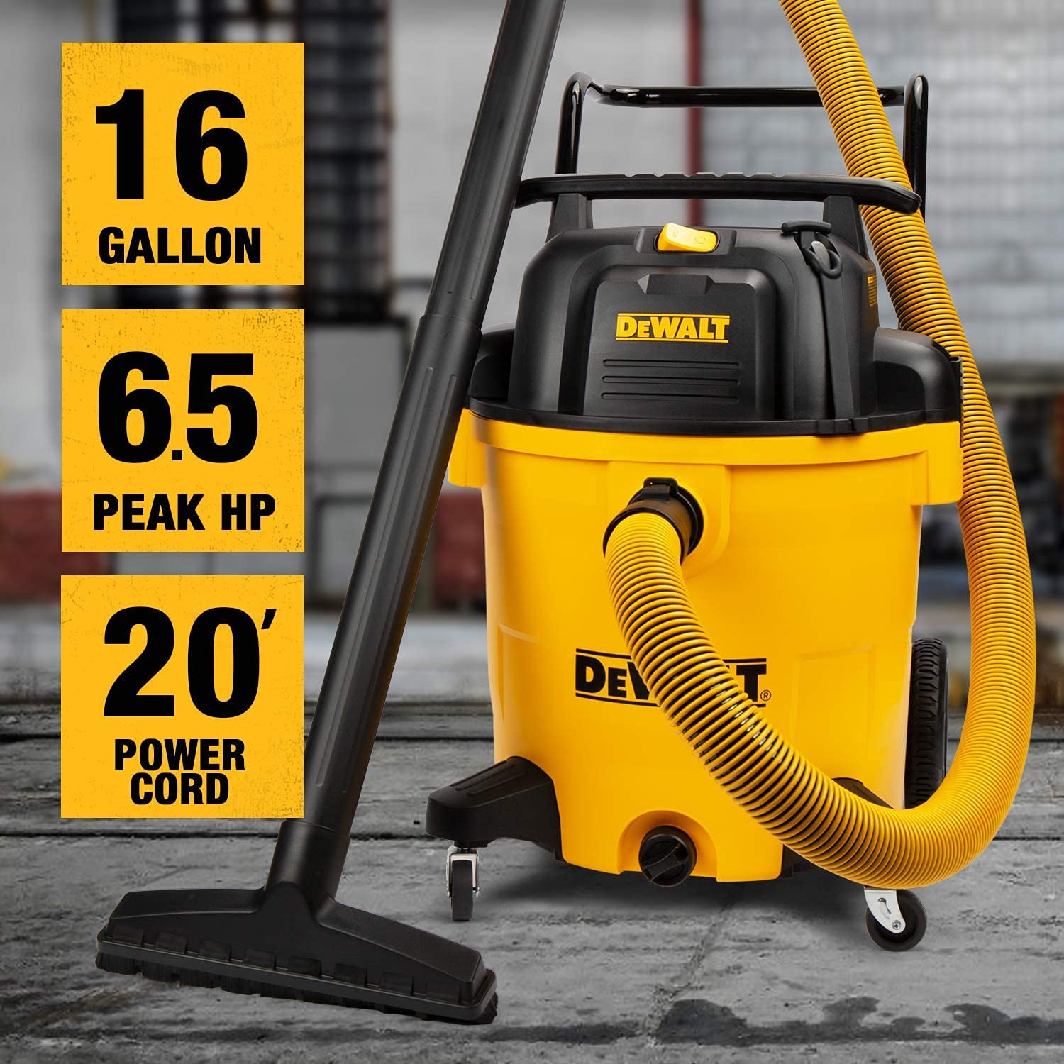 DEWALT 16 Gallon Poly Wet Dry Vacuum, 6.5 Peak HP 12 Amps Heavy Duty Vacuums, Cart Style Wet/Dry/Blower 3 in 1 Multifunction Shop Vacuum, Built-in Drain, DXV16PA