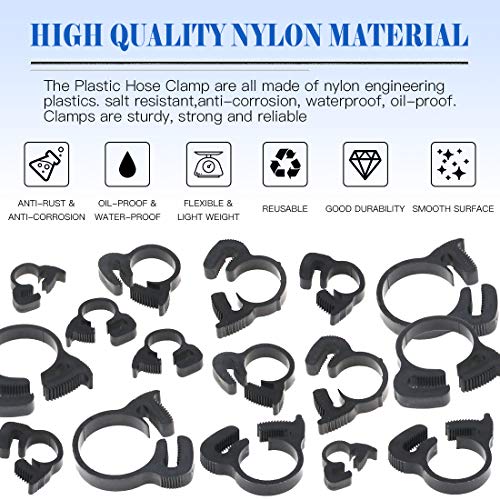 Glarks 48Pcs 8 Size Heavy Duty Black Double Gripping Nylon Hose Clamps Set, 6.6-27.2mm Plastic Snap Ratcheting Clamps Assortment Kit (Black 48Pcs)