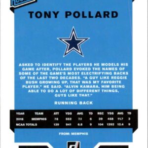 2019 Donruss #337 Tony Pollard Dallas Cowboys RR (Rated Rookie) NFL Football Card (RC - Rookie Card) NM-MT