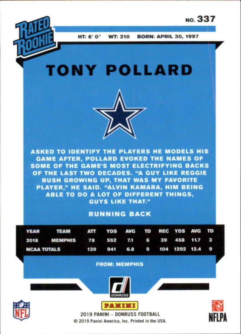 2019 Donruss #337 Tony Pollard Dallas Cowboys RR (Rated Rookie) NFL Football Card (RC - Rookie Card) NM-MT