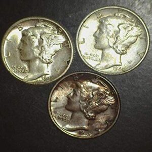 1940 No Mint Mark 1942 1945 Mercury Dimes - Set of 3 Coins - 10c US Mint AU/BU