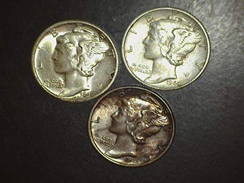 1940 No Mint Mark 1942 1945 Mercury Dimes - Set of 3 Coins - 10c US Mint AU/BU