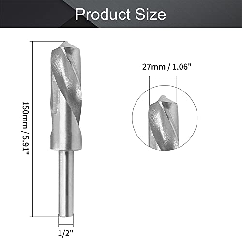 Utoolmart Reduced Shank Drill Bit 27mm High Speed Steel HSS 4241 with 1/2 Inch Straight Shank 1pcs