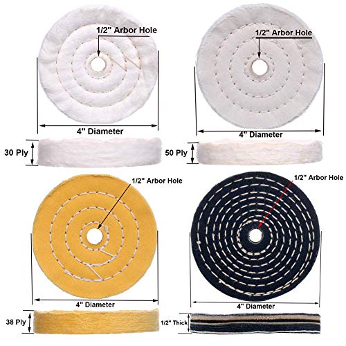 SCOTTCHEN 4" Buffing Polishing Wheels Soft(30Ply)/ Fine(50Ply)/ Medium(38Ply)/ Coarse 1/2" Thick/Rough 1/2" Thick with 1/2" Arbor Hole with 2sets 1/4" Shank for Drill - 5Pack