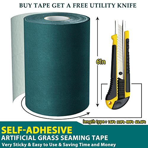 Artificial Turf Tape, Self Adhesive Artificial Grass Seaming Tape, Synthetic Fake Grass Tape, Seam Tape for Lawn, Indoor Outdoor Carpet Jointing, Connecting Garden Pet Rug, Turf Mat, Green,6" X 16'