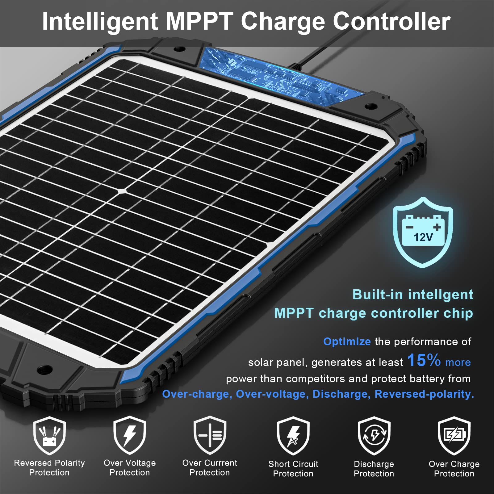 20W 12V Solar Car Battery Charger & Maintainer, Waterproof Solar Trickle Charger, Built-in Intelligent MPPT Controller, Portable Solar Panel Kit for Deep Cycle Marine RV Trailer Boat