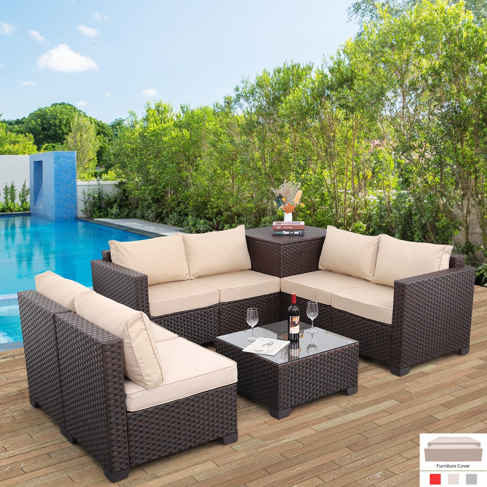 6 Pieces Patio PE Wicker Furniture Set Outdoor Brown Rattan Sectional Conversation Sofa Chair with Storage Table and Beige Cushions