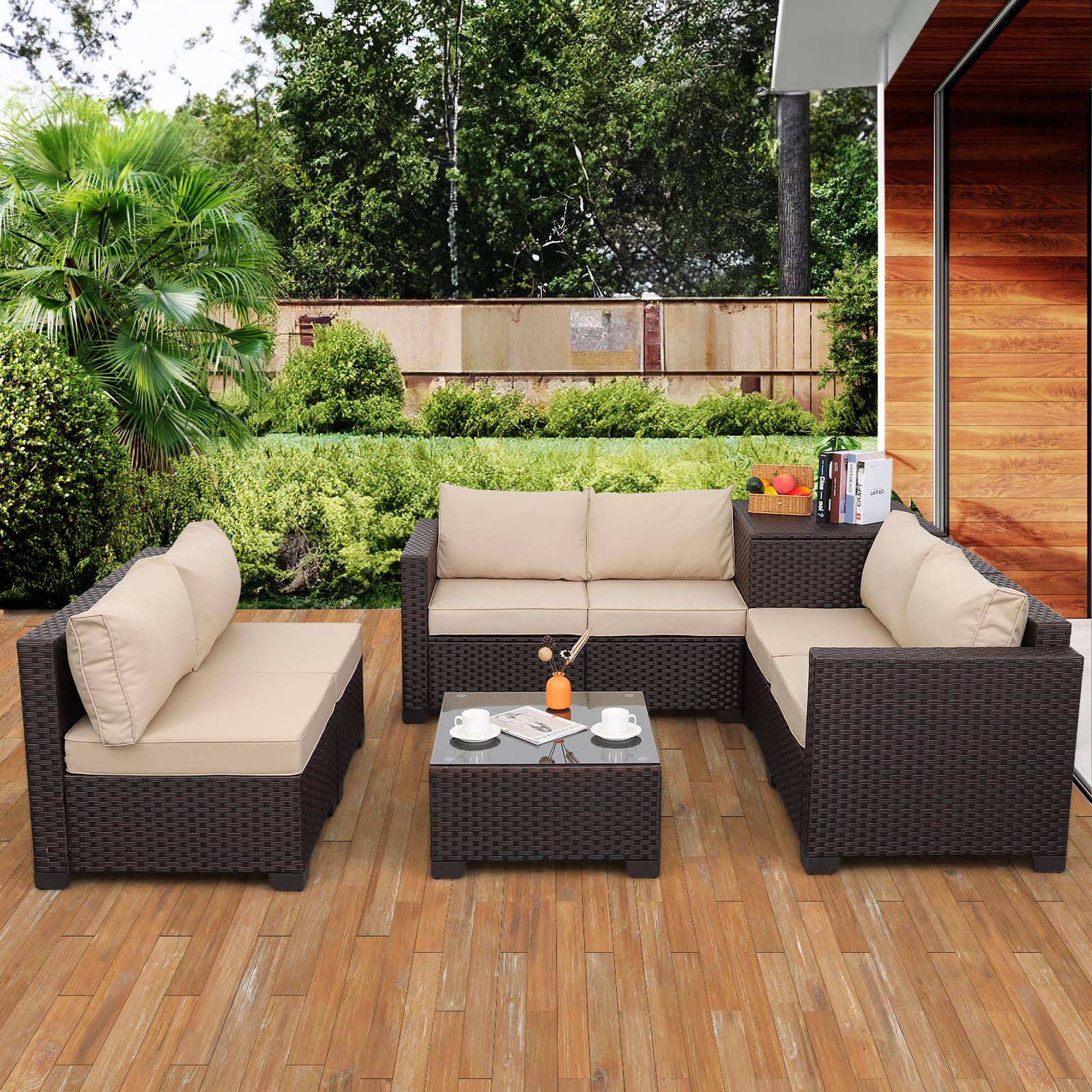 6 Pieces Patio PE Wicker Furniture Set Outdoor Brown Rattan Sectional Conversation Sofa Chair with Storage Table and Beige Cushions