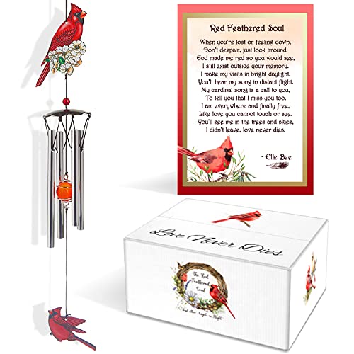 Lola Bella Gifts and Spoontiques Cardinal Wind Chime and Red Feathered Soul Poem Card Red Box Sympathy Grief Memorial Gift