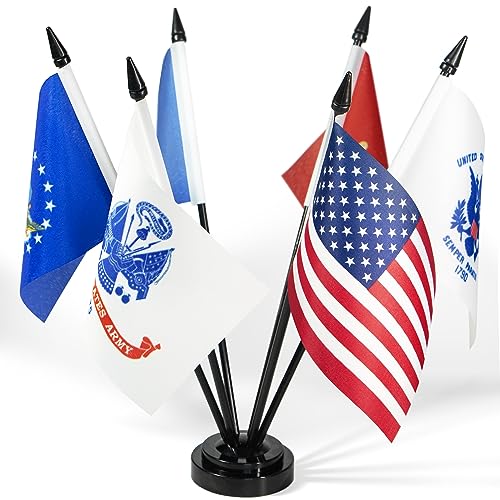 Anley USA Armed Service Desk Flags Set - 6 X 4 inches Miniature American Military Sectors Desktop Flag with 11" Solid Plastic Pole - Vivid Color & Fade Resistant