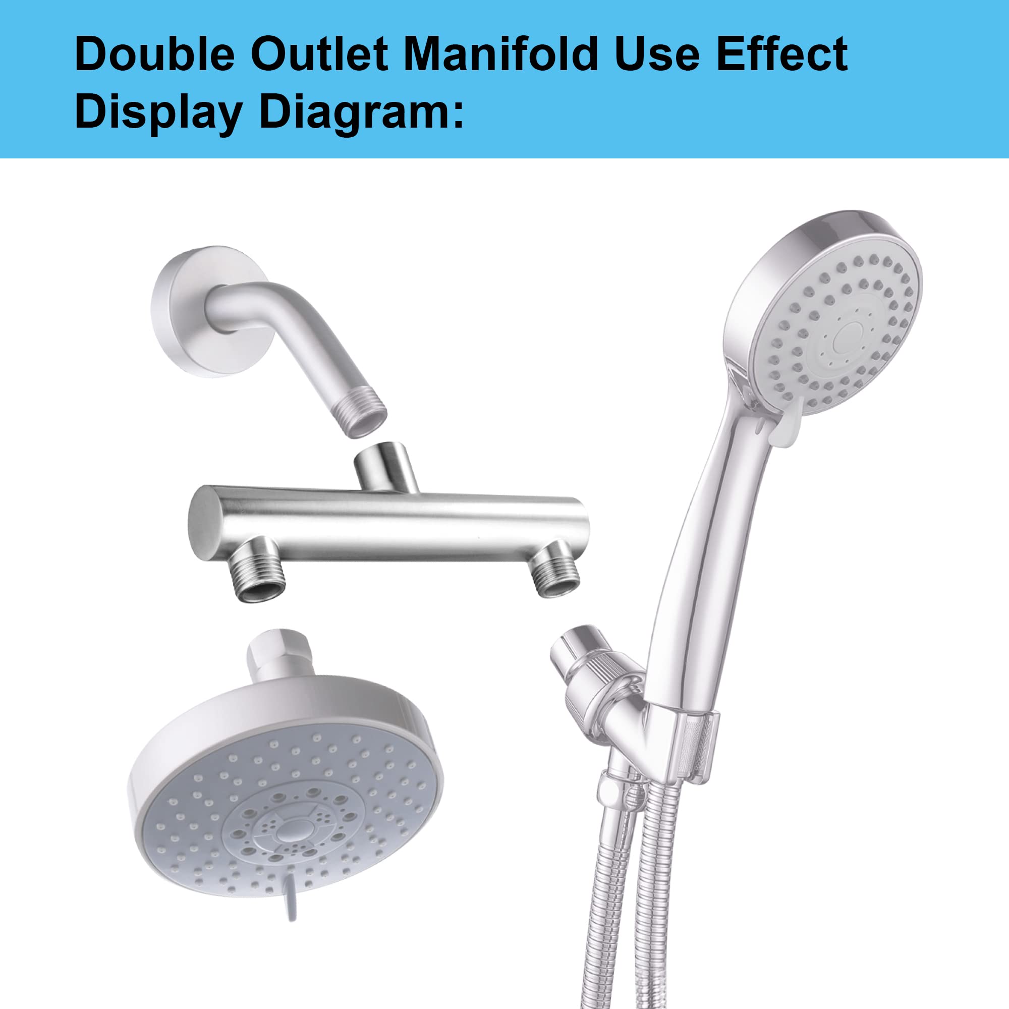 AZOS Chrome Double Outlet Shower Manifold, Suitable for Dual Sprayer Showering System, Can Connect Two Showerheads - Double Enjoyment