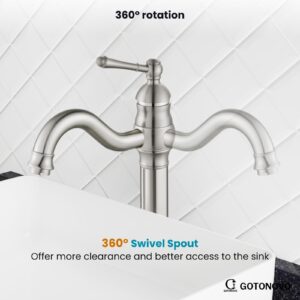 gotonovo Brushed Nickel Bathroom Vessel Sink Faucet with Pop Up Drain Single Lever Handle 1 Hole Bowl Sink Mixer Tap Tall Spout Lavatory Vanity