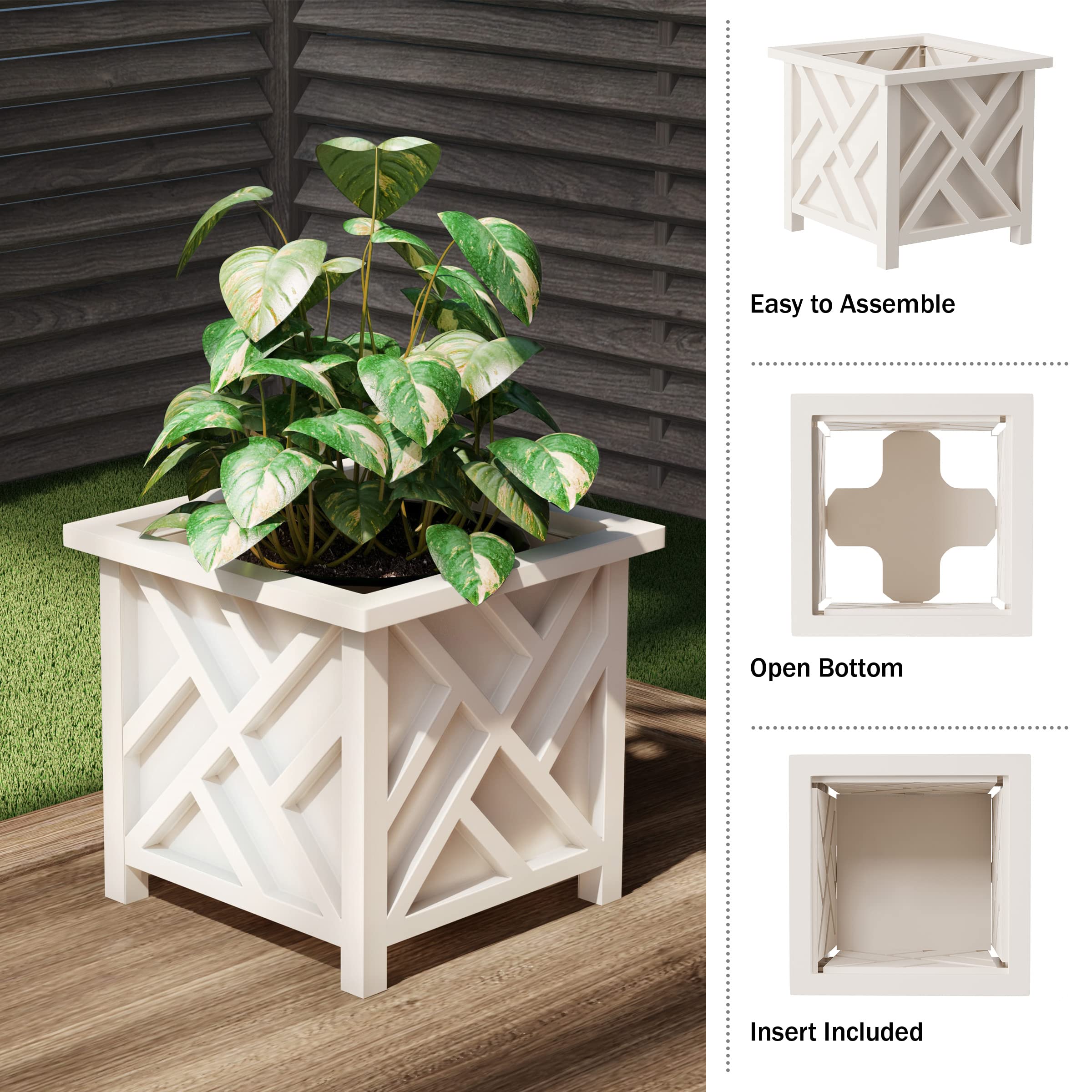 Lattice Design Planter Box - 14.75-Inch-Square Decorative Outdoor Flower or Plant Pot - Front Porch, Patio, and Garden Decor by Pure Garden (White)