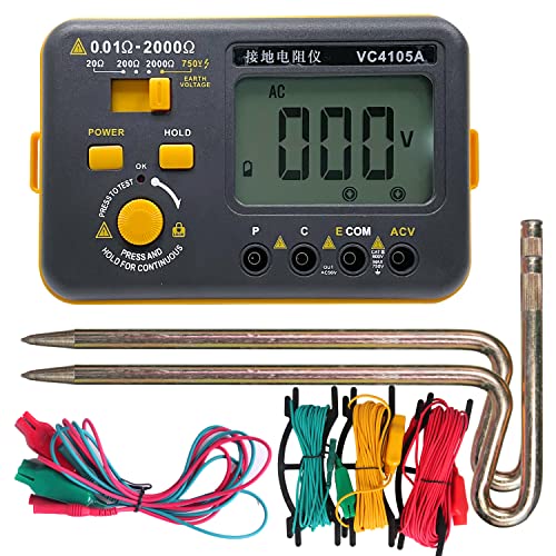 VC4105A Earth Resistance Tester Digital Grounding Resistance Meter 20/200/2000Ω Ground Resistance 750V AC Voltage Measure Backlight LCD Display Data Hold