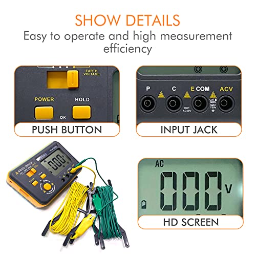 VC4105A Earth Resistance Tester Digital Grounding Resistance Meter 20/200/2000Ω Ground Resistance 750V AC Voltage Measure Backlight LCD Display Data Hold