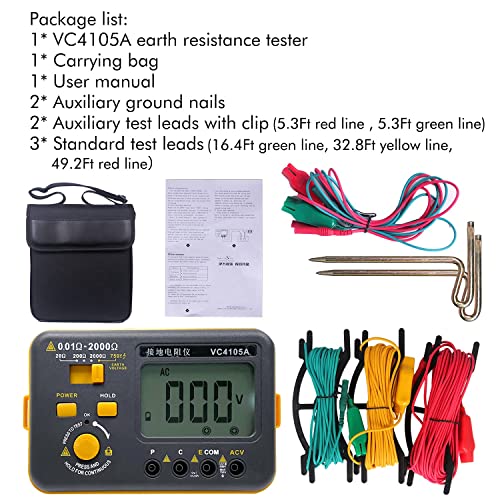 VC4105A Earth Resistance Tester Digital Grounding Resistance Meter 20/200/2000Ω Ground Resistance 750V AC Voltage Measure Backlight LCD Display Data Hold