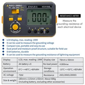 VC4105A Earth Resistance Tester Digital Grounding Resistance Meter 20/200/2000Ω Ground Resistance 750V AC Voltage Measure Backlight LCD Display Data Hold