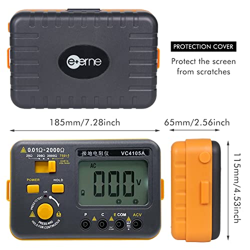 VC4105A Earth Resistance Tester Digital Grounding Resistance Meter 20/200/2000Ω Ground Resistance 750V AC Voltage Measure Backlight LCD Display Data Hold