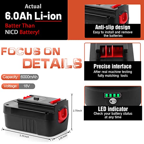 TenHutt 【Lithium-ion 6.0Ah! | NOT Ni-Mh】 2Packs 18V Replace Battery for Black and Decker 18V Battery 6.0Ah HPB18 HPB18-OPE 244760-00 A1718 FS18FL FSB18 Firestorm Cordless Power Tools Lithium Battery