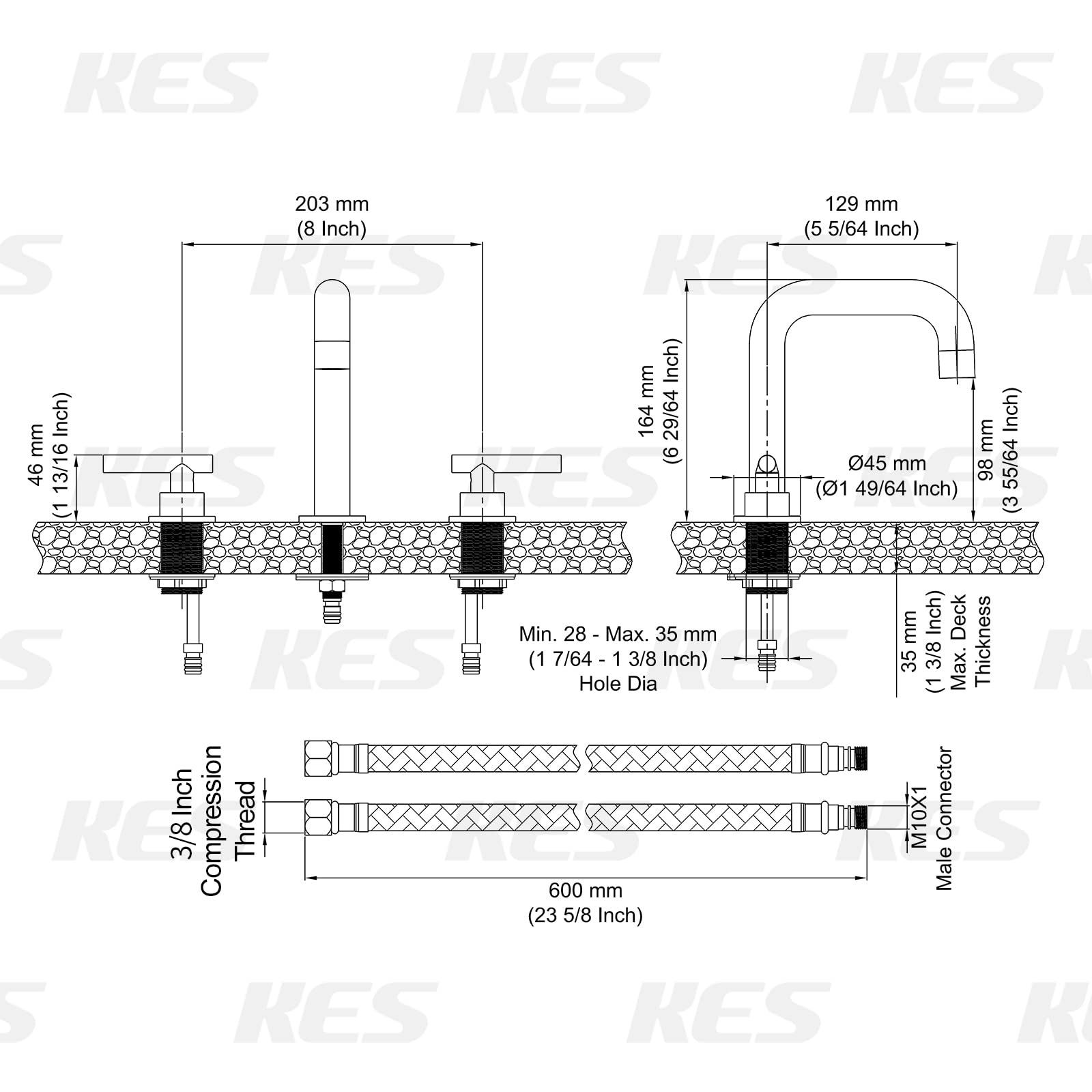 KES Black Faucet for Bathroom Sink 8-Inch Widespread 3 Hole Modern Vanity 2 Handle Brass with Supply Hoses, Sink Drain Not Included, L4317LF-BK