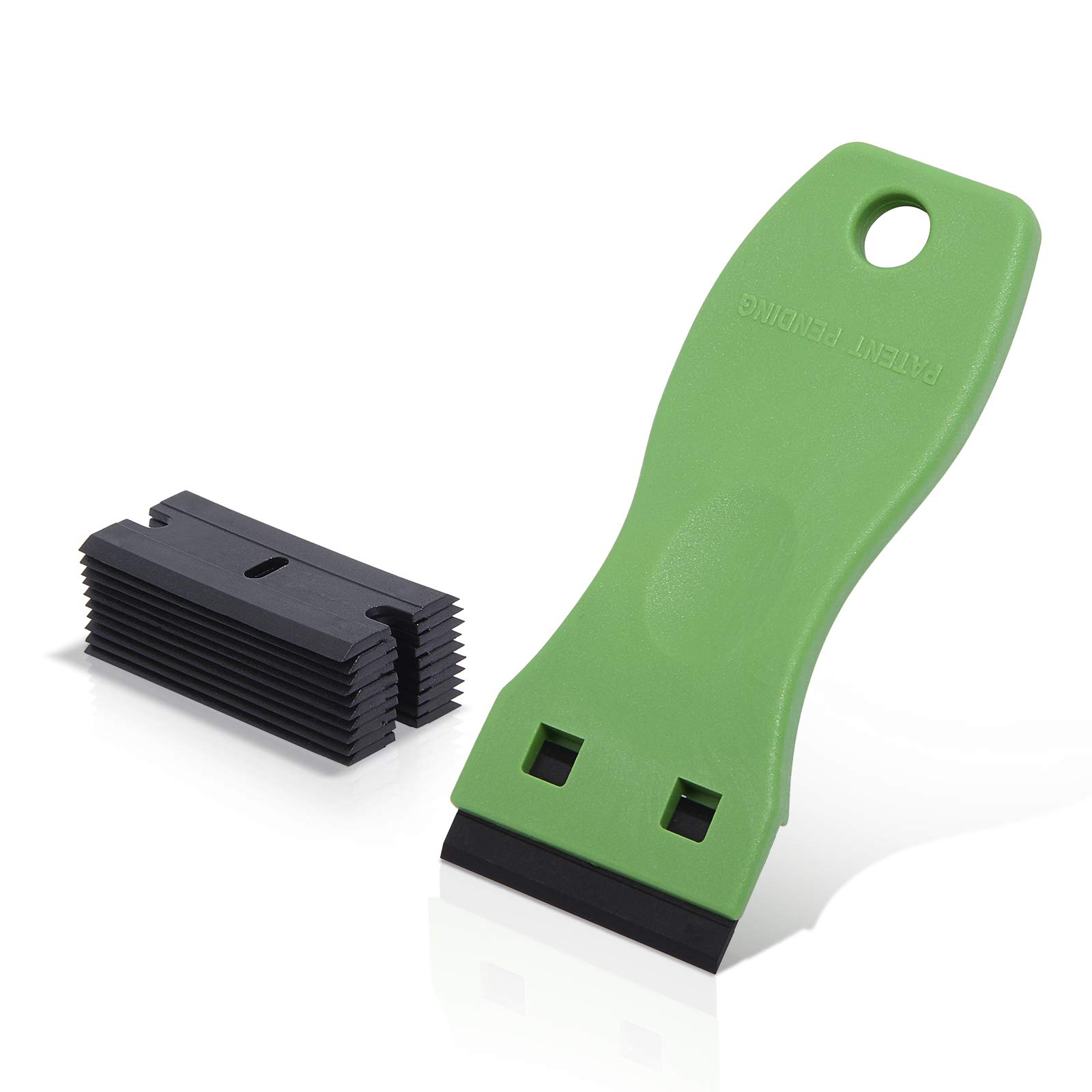 EHDIS Plastic Razor Blade Scraper 1.5" Plastic Razor Scraper Tool with 10pcs Double Edged Plastic Blades for Removing Adhesive Labels Stickers Decals From Glass Windows Windshields-Green