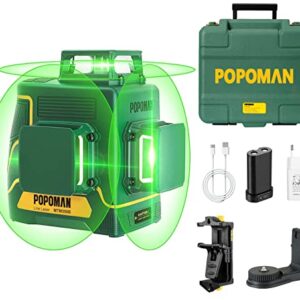 Laser Level 3D & 3 x 360°, Line Laser Green POPOMAN, USB Rechargeable, Self Leveling and Pulse Mode, Magnetic Pivoting Base, Auxiliary Supporting Bracket, Carrying Case Include - MTM350B