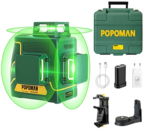 Laser Level 3D & 3 x 360°, Line Laser Green POPOMAN, USB Rechargeable, Self Leveling and Pulse Mode, Magnetic Pivoting Base, Auxiliary Supporting Bracket, Carrying Case Include - MTM350B