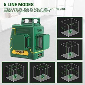 Laser Level 3D & 3 x 360°, Line Laser Green POPOMAN, USB Rechargeable, Self Leveling and Pulse Mode, Magnetic Pivoting Base, Auxiliary Supporting Bracket, Carrying Case Include - MTM350B