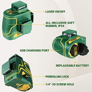 Laser Level 3D & 3 x 360°, Line Laser Green POPOMAN, USB Rechargeable, Self Leveling and Pulse Mode, Magnetic Pivoting Base, Auxiliary Supporting Bracket, Carrying Case Include - MTM350B