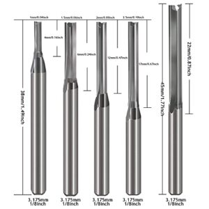 HOZLY 1/8 Inch Straight Router Bits Set (CED 1.0mm 1.5mm 2.0mm 2.5mm 3.175mm )Milling Cutter 2 Flutes Double Edged CNC Cutting Tungsten Steel for Wood MDF Acrylic Milling