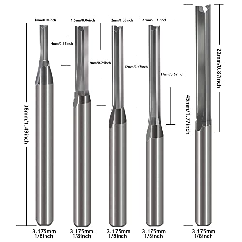 HOZLY 1/8 Inch Straight Router Bits Set (CED 1.0mm 1.5mm 2.0mm 2.5mm 3.175mm )Milling Cutter 2 Flutes Double Edged CNC Cutting Tungsten Steel for Wood MDF Acrylic Milling