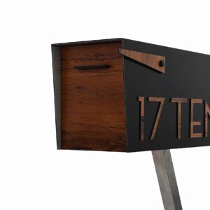 Contemporary Post Mount Mailbox/Aluminum Black Body and Aluminum Red Oak Door and Numbers, Custom Mailbox, Letterbox, Mailnest Type 4