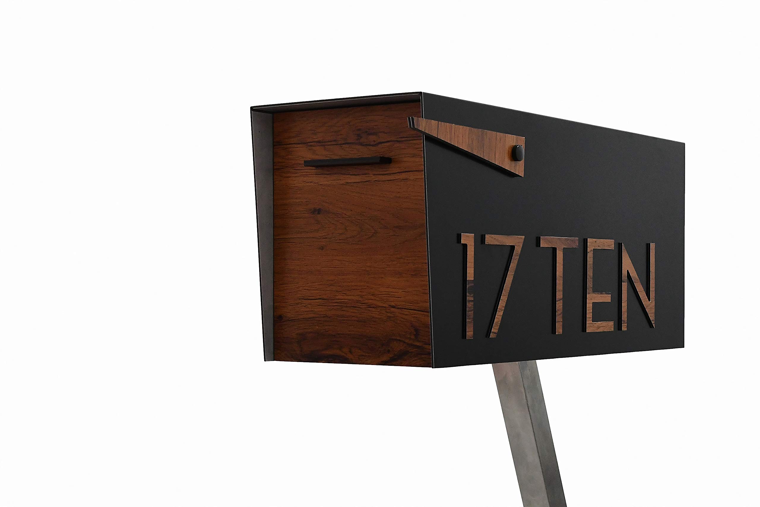 Contemporary Post Mount Mailbox/Aluminum Black Body and Aluminum Red Oak Door and Numbers, Custom Mailbox, Letterbox, Mailnest Type 4