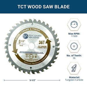 Benchmark Abrasives 5-1/2" 36 Tooth, TCT Wood Cutting Saw Blade for General Purpose Cutting & Trimming of Softwoods, Hardwoods, Long Lasting Blades, Use with Circular Saw (5-1/2" 36T)