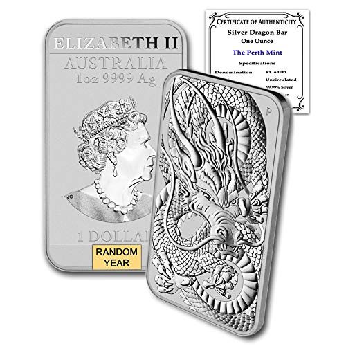 2018 - Present (Random Year) 1 oz Silver Bar Australia Perth Mint Dragon Series Rectangular Coin Brilliant Uncirculated with Certificate of Authenticity $1 BU