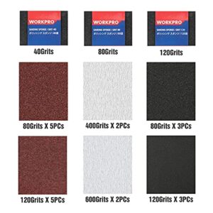 WORKPRO Sandpaper Pack of 24, 80-600 Assorted Grit with Holder, Sand Sponges 40/80/120 Grit, 9x11 Inch Alumina Sand Paper for Wood Furniture Finishing, Metal Sanding, Paint Finishing