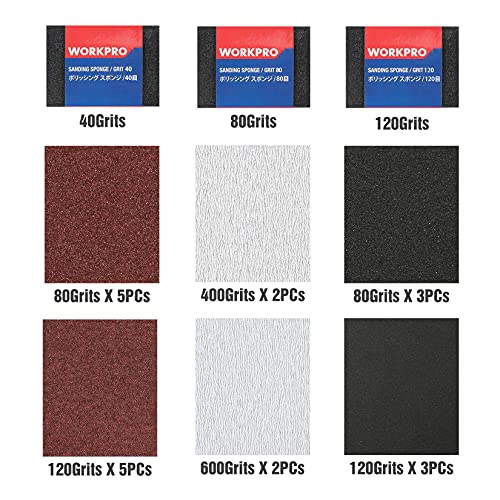 WORKPRO Sandpaper Pack of 24, 80-600 Assorted Grit with Holder, Sand Sponges 40/80/120 Grit, 9x11 Inch Alumina Sand Paper for Wood Furniture Finishing, Metal Sanding, Paint Finishing