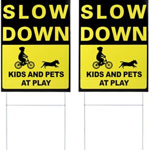 Kichwit 2 Pack Double Sided Slow Down Kids and Pets at Play Yard Signs with Metal Stakes, Sign Measures 11.8 x 15.7 Inches